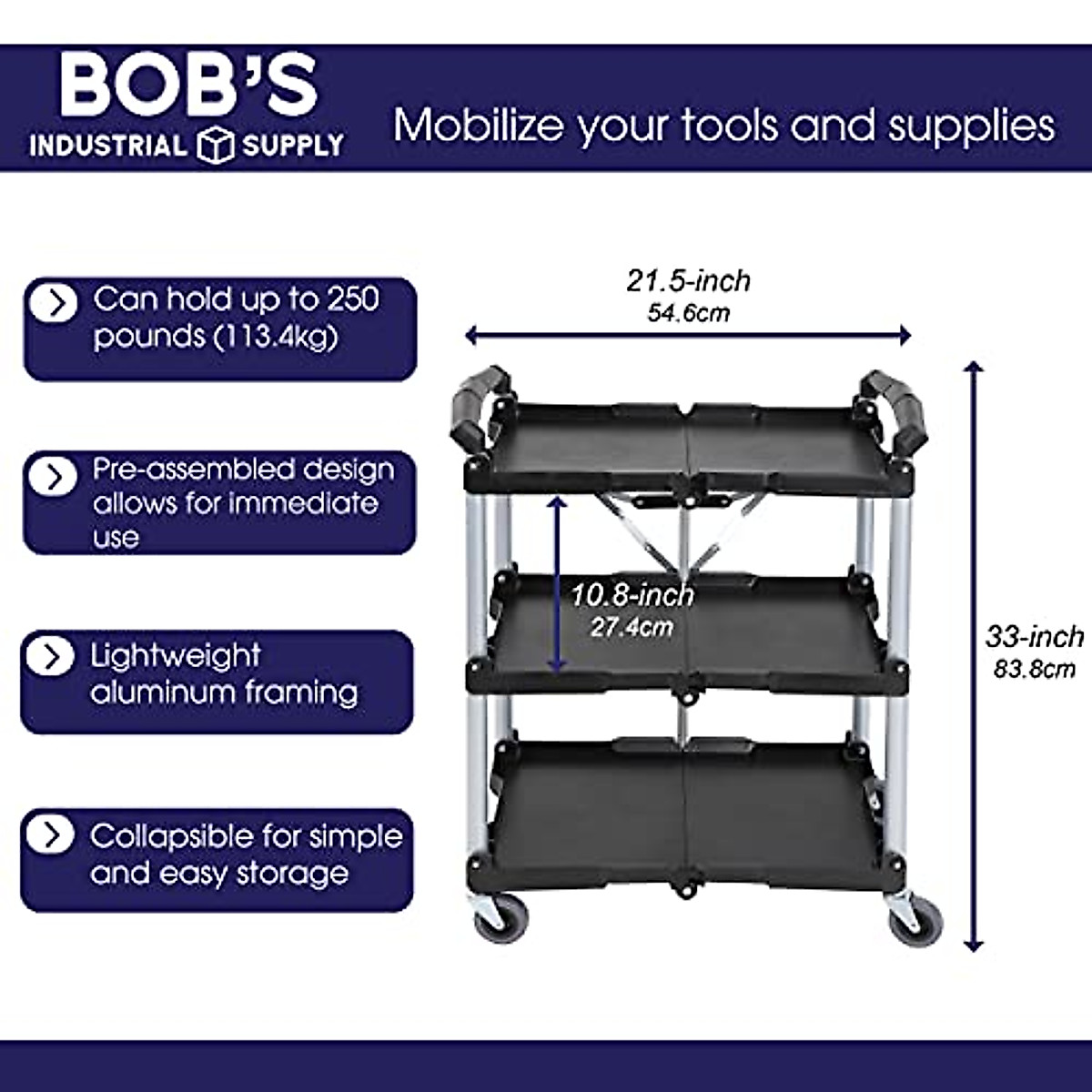 BISupply Fold Up Rolling Cart - 3 Tier Push Cart Collapsible Utility Carts with Wheels for Office, Warehouse, and Home