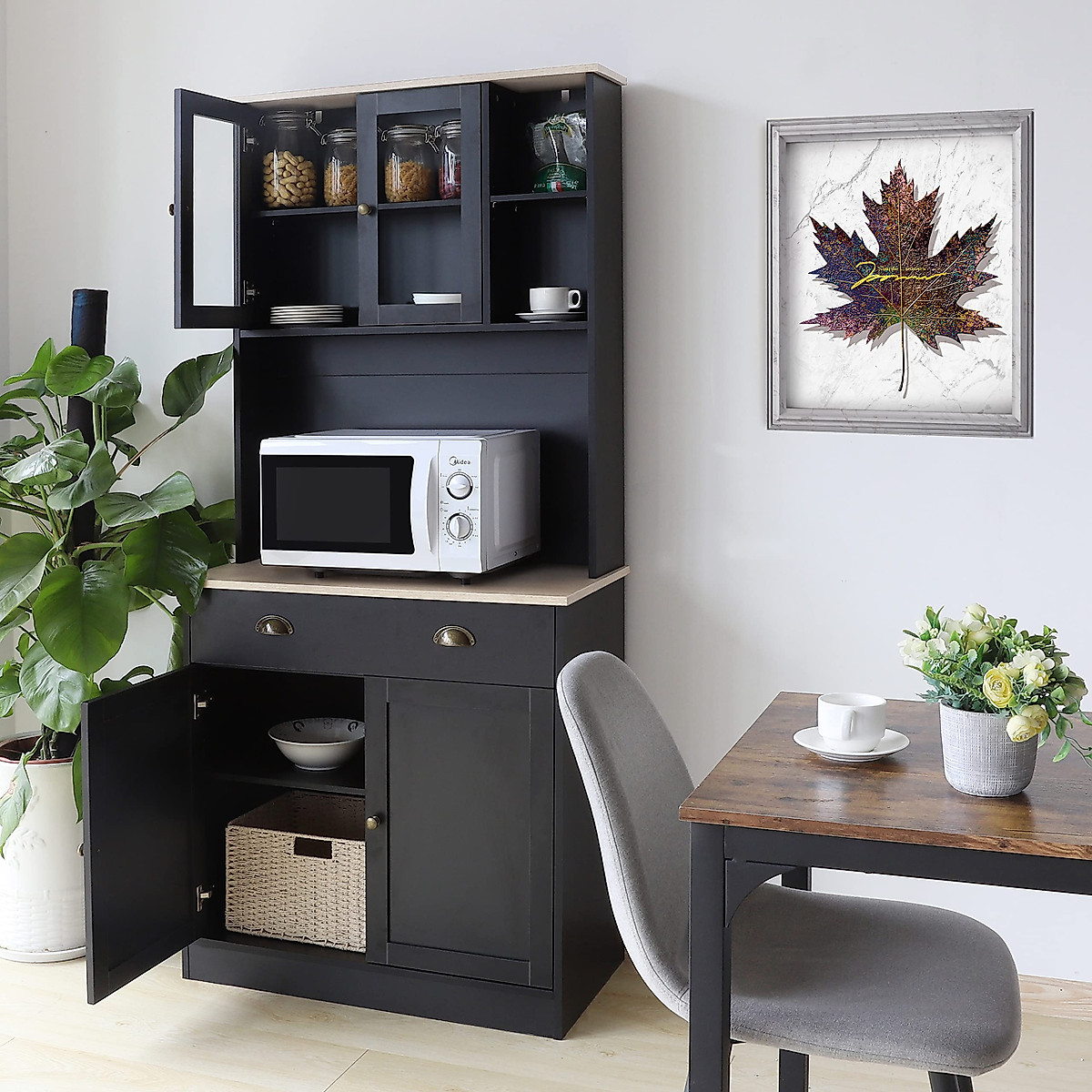 MUPATER 72'' Kitchen Pantry Cabinet Storage Hutch with Microwave Stand, Freestanding Pantry Buffet Cabinet with Adjustable Shelves, Cupboard and Drawer for Home, Black