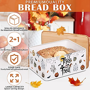 Halloween Bread Box with Bamboo Cutting Board Lid, Modern Metal Bread Storage Container Trick or Treat Kitchen Decor, Vintage Halloween Decorations For Home Organizer, Halloween Gifts for Women