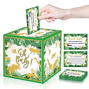 51 Pieces Gold Safari Baby Shower Diaper Raffle Tickets with Baby Shower Card Holder Box and Advice Cards Game Kit for Gold Safari Jungle Zoo Animals Themed Baby Shower Party Decorations Supplies