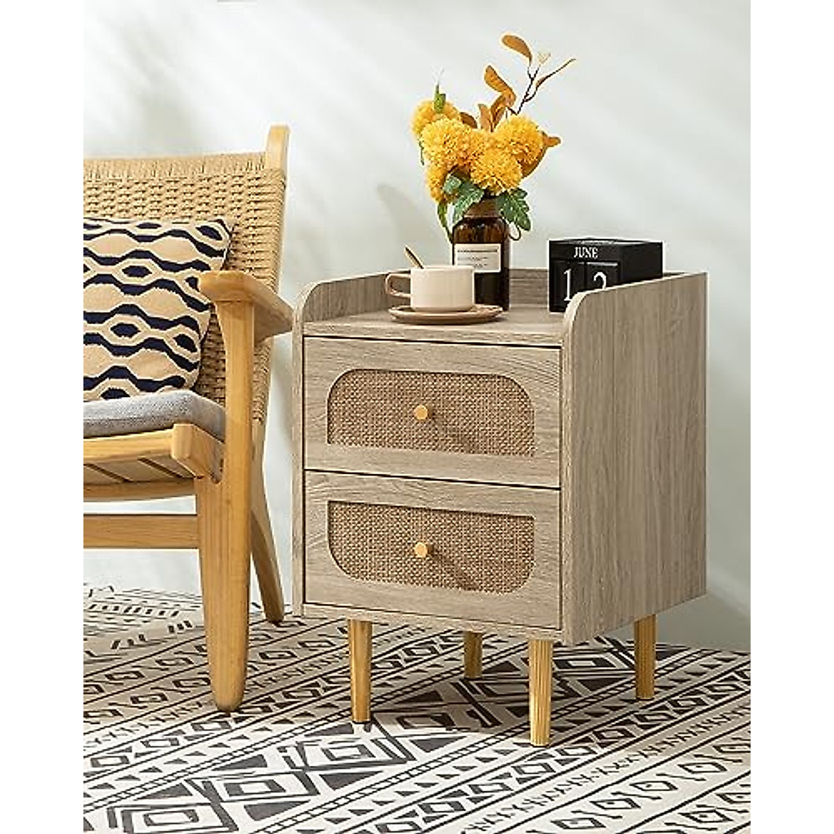 Rattan Nightstand Set of 2 with Drawers - Boho Bedside Table with Storage - Night Stand with Solid Wood Feet - Small Side Table End Table for Bedroom
