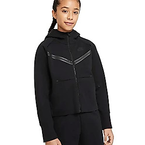 Nike Girl's NSW Tech Fleece Windrunner Full Zip Hoodie (Little Kids/Big Kids) Black/Black MD (10-12 Big Kid)