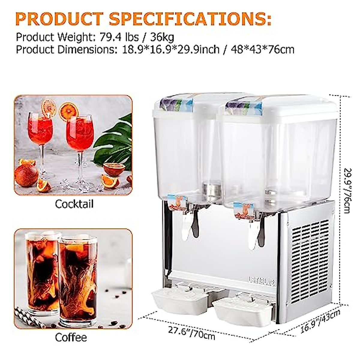 Commercial Beverage Dispenser, Towallmark 2 Tanks 9.5 Gallon 36L Commercial Juice Dispenser, 18 Liter Per Tank, 280W Stainless Steel Food Grade Ice Tea Drink Dispenser with Thermostat Controlle