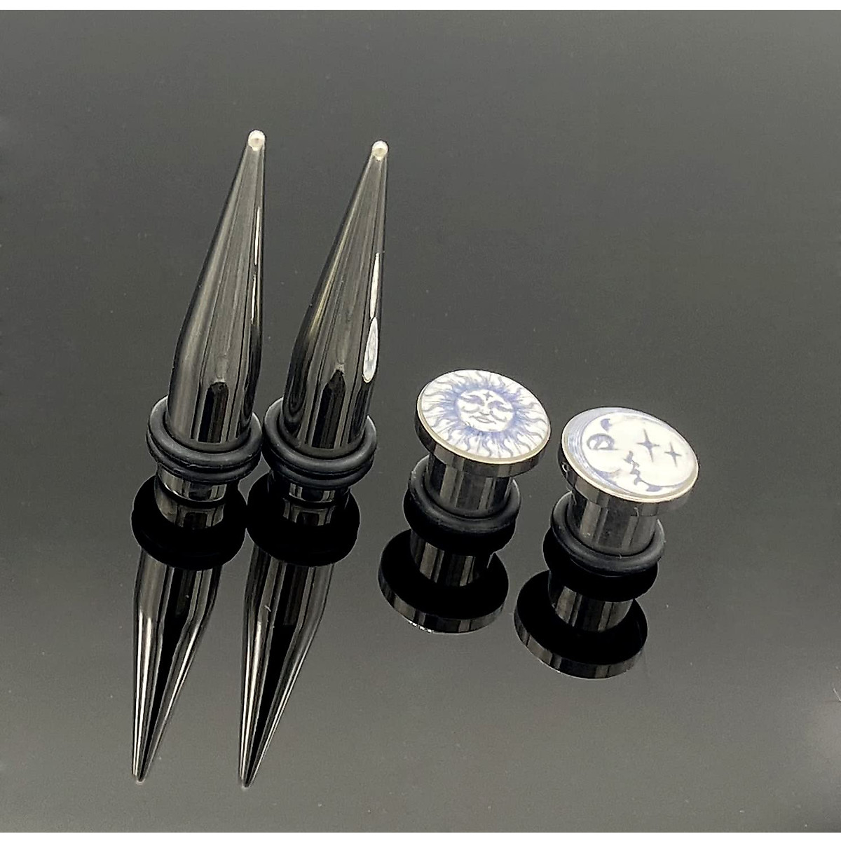 HEKEUOR 1G/7MM,9MM 316L Steel Tapers + Sun and Moon Tunnels Plugs Ear Gauges Piercing Single Flared Tunnels with O Rings