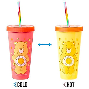 Silver Buffalo Care Bears Hearts and Stars 4 Pack Plastic Color Changing Tumblers with Rainbow Swirl Straws Featuring Tenderheart, Funshine, Cheer, and Grumpy Bear 24 Ounces