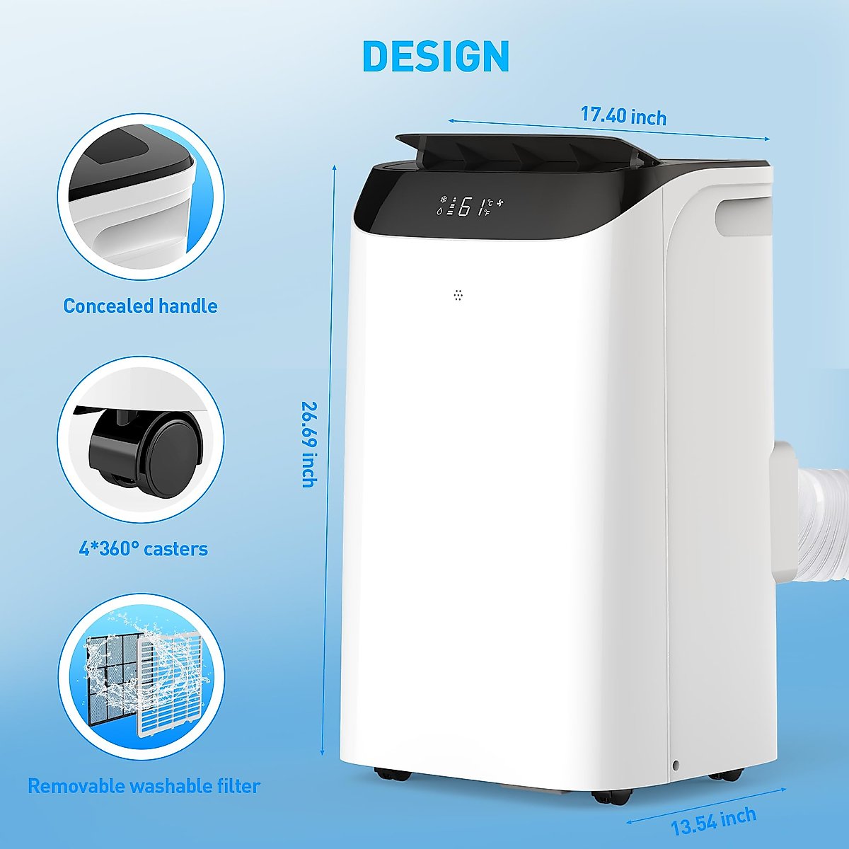 12,000 BTU Portable Air Conditioner Cools Up to 500 Sq.Ft, 3-IN-1 Energy Efficient Portable AC Unit with Remote Control & Installation Kits for Large Room, Campervan, Office, Temporary Space