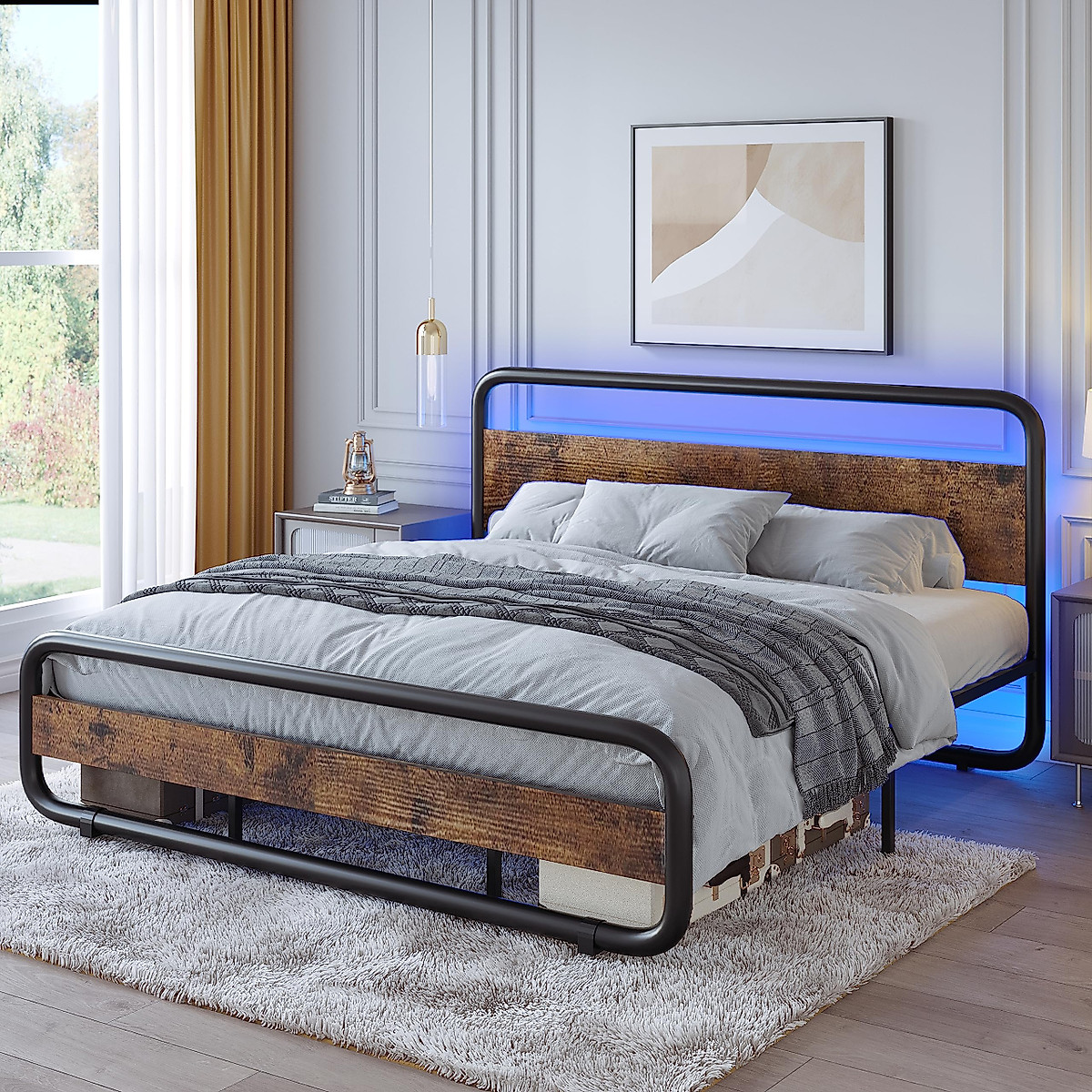 Fastroby King Size Bed Frames with Headboard LED Light, Platform Bed Frame King with 10" Under Bed Storage, Heavy Duty Bed Frame No Box Spring Needed, Easy Assembly, Rustic Brown and Black