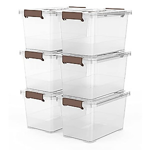 WYT 6-Pack Clear 7 Quart Storage Latch Box/Bins, Plastic Stackable Latching Box with Brown Handle and Lid, Multi-Purpose, 7 Litre