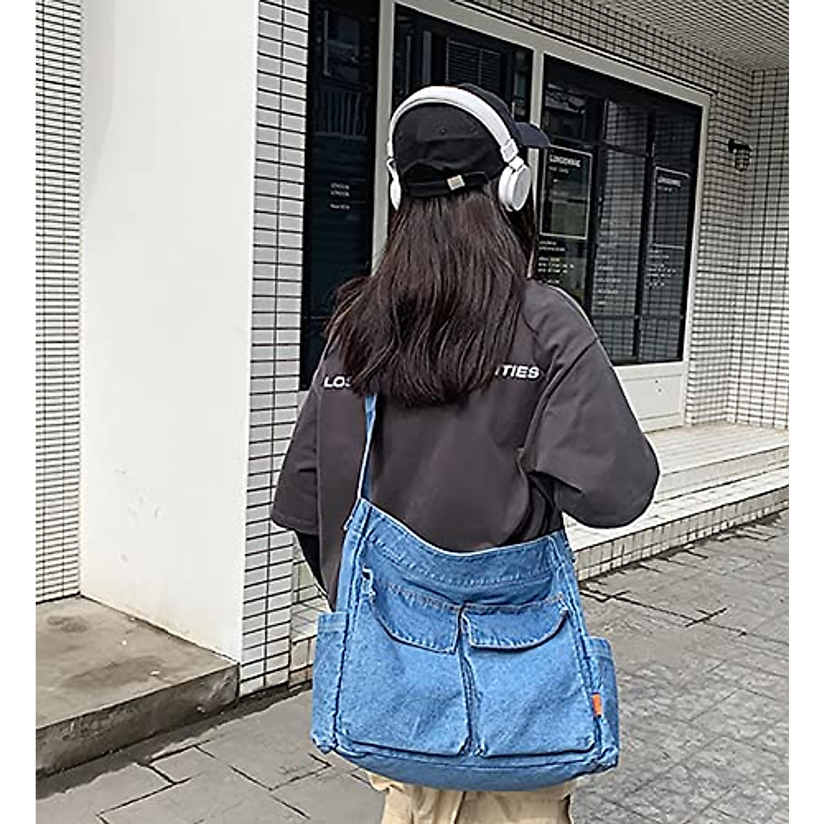 Single Color Denim Canvas Handbag Cross Body Shoulder Purse Bag Tote-Handbag with Pockets Daily Use Large Capacity for Women