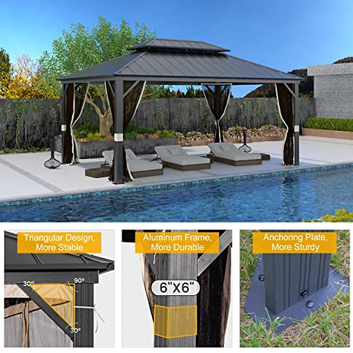 OLILAWN Gazebo 12x16, Outdoor Hardtop Gazebo with Large Aluminum Frame, Galvanized Steel Double Top Gazebo with Ventilation, All-Weather Metal Gazebo with Mosquito Nettings, for Patios Gardens Lawns