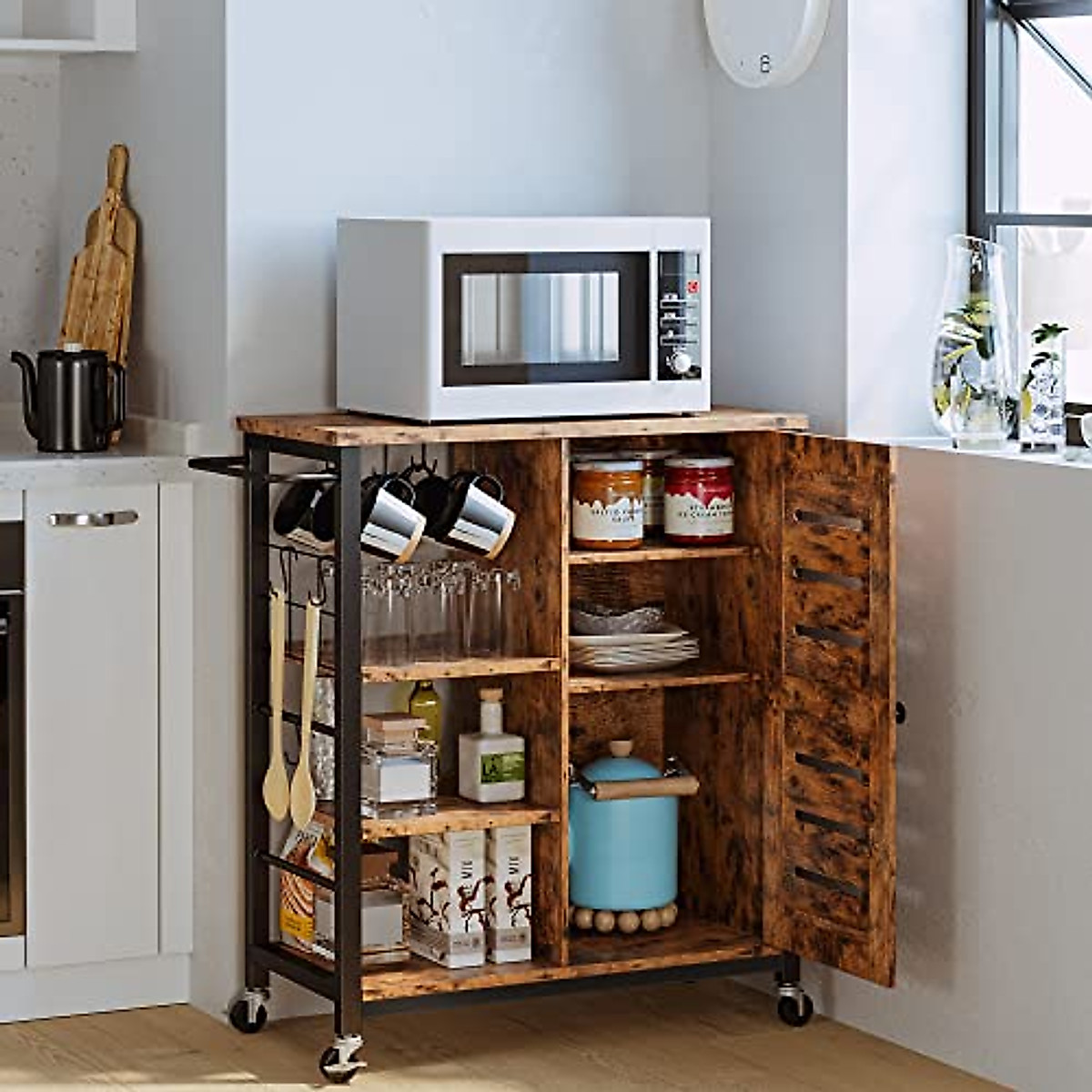 IRONCK Storage Cabinet with Charging Station and Wheels, 31.5" Kitchen Cart Cabinet with Shelves, Removable Cart Handle Cup Hook, Cupboard for Kitchen, Living Room, Industrial, Vintage Brown