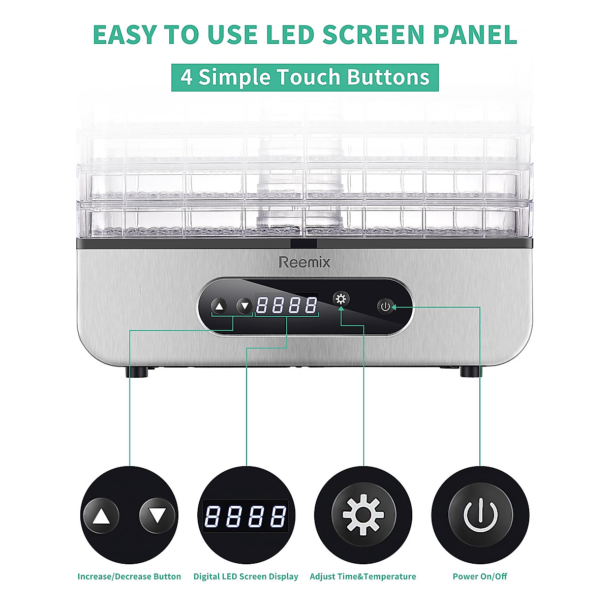 Reemix Food Dehydrator Machine, Compact Dehydrators for Food and Jerky, Fruits, Veggies, 500W Dehydrated Dryer with Temperature Control, 5 BPA-Free Trays Dishwasher Safe, Silver