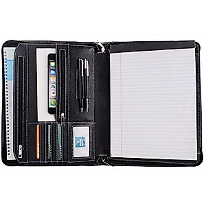 XIAOZHI Black Leather Portfolio with Notepad Space for 10.2-inch / 10.5-inch / 11-inch iPad, Padfolio Case Business Zippered Organizer Document Folder with Letter Size Notepad Holder
