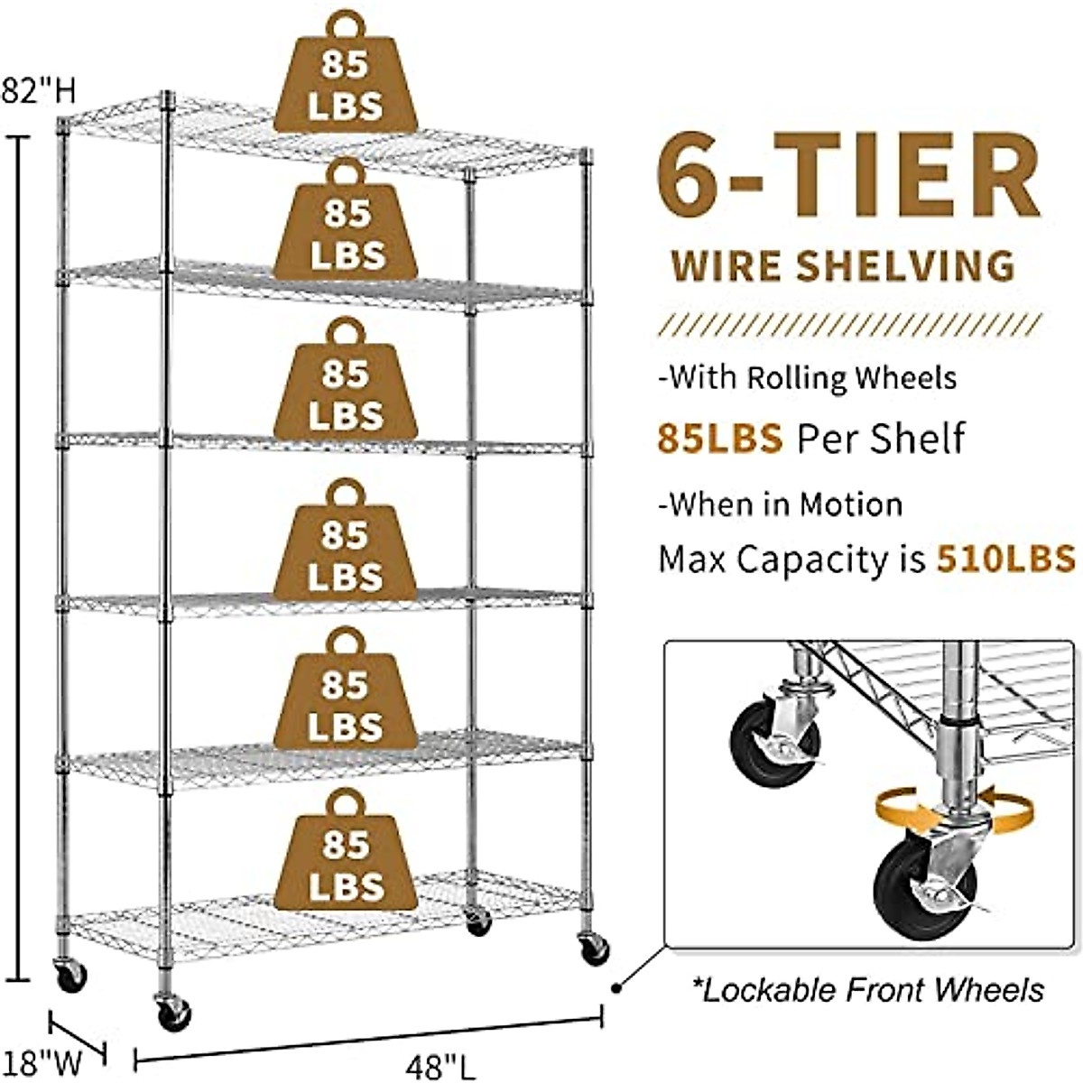 YYkokocat 6-Tier Adjustable Storage Shelves Heavy Duty Wire Shelving Unit with Wheels 2100Lb Metal Layer Rack Shelf NSF Shelving for Closet Kitchen Garage, 82" H x 48" L x 18" D - Chrome