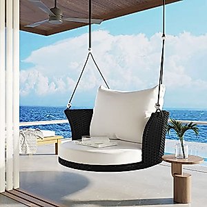 P PURLOVE Single Person Wicker Hanging Seat,Porch Swing Bench with Hanging Ropes,Cushion, Pillow, Rattan Swing Bench for Garden, Backyard, Pond