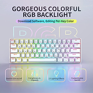 Punkston TH61 60% Mechanical Gaming Keyboard,RGB Backlit Wired Ultra-Compact Mini Mechanical Keyboard Full Keys Programmable White (Optical Brown Switch)