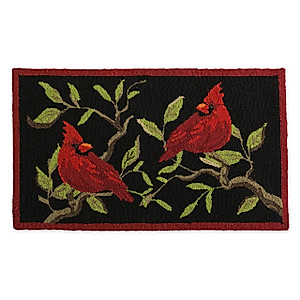 Indoor/Outdoor Cardinal Accent Rug | Hand-Hooked 100% Polypropylene | All-Weather | Colorful Redbirds Design | Black Ground with Red Border | Easy-Care | Washable | Ideal for Any Space | 24"x42"