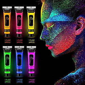 NewWay Glow in the UV Dark Body Paint Luminous Neon Paint, 1 FL.Oz x 24 Pcs in 6 Colors Party Supplies Black light Paint Water Soluble UV Light Makeup for Party Cosplay
