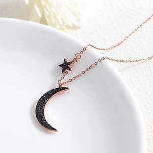 TEMICO Rose Gold Plated Stainless Steel Black Crystal Cubic Zirconia Star Moon Crescent Pendant Necklace for Women