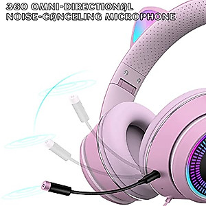 VIGROS Cat Ear Gaming Headphones Wired AUX 3.5mm LED Light, Noise Canceling Game Headphones Stereo Foldable Over-Ear Headsets with Microphone Fit Girls, Kids for PC, PS4, Switch, Xbox, Mobile, Laptop