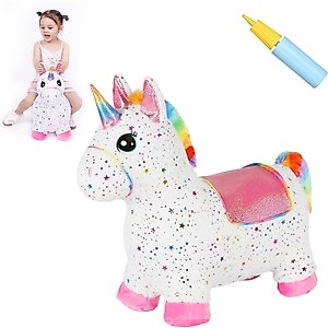INPANY Unicorn Bouncy Horse Toys, Toddlers Girl Bouncing Animals, Inflatable Ultra Thick Plush Horse Hopper, Baby Ride-on Rubber Bouncer, Outdoor Indoor Cute Birthday Gift for 2 3 4 Year Old Girl Kid
