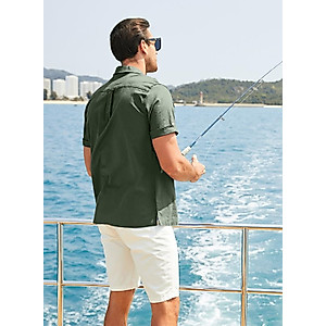 JMIERR Men's Cotton Linen Hawaiian Shirt - Casual Button Down, Cuban Collar, Short Sleeve, Pocket, US 43(L), Green