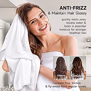 Umisleep Extra Large Microfiber Hair Towel for Women Long, Curly, Thick Hair, Super Soft Anti Frizz Quick Dry Hair Towel Wrap, Ultra Absorbent Hair Turban with Elastic Band White