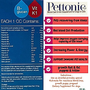 PETTONIC 100 ML. Tonic Pet Booster Liquid Dog Blood Support Iron Supplement for Dogs & Cats Puppies Kitten Food Multi Vitamins Folic B6 B12 Promotes Red Blood Cell, Fast Increasing Energy & Immunity
