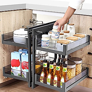 Blind Corner Cabinet Pull Out Organizer with 4-Shelf Glass Basket Corner Stainless Steel Damping Guide Rail Cabinet Storage Shelves Spice Rack for Installation on Left or Right Blind Corner Cabinet (