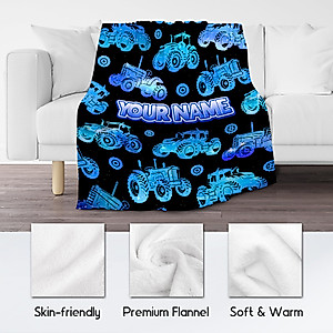 COOPASIA Personalized Tractor Blanket with Name, Tractors for Kids Ages 4-8 5-7 Throw Blanket, Kids Blanket for Car Lovers, Boys Throw Blanket Tractor Room Decor for Couch Office (Blue, 40x50 Inch)