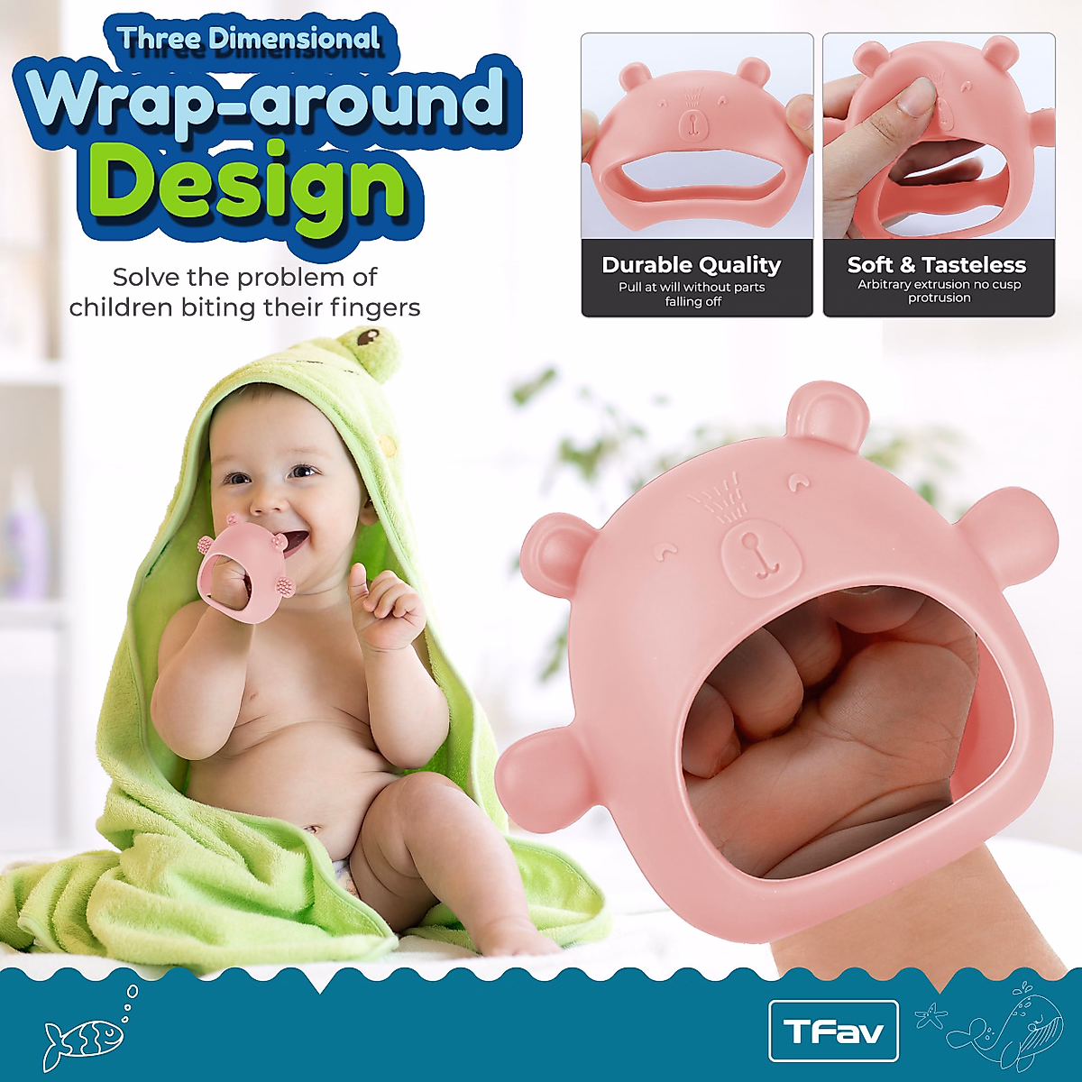 TFav Baby Bear hand Teether -1 pc Pink -Silicone Teething mitt for 0-6 Months Boys & Girls -Hand Pacifier That Fits on Fist -Wearable Gloves Chew Toy -Calm Down The Fussy Baby calm down fussy baby