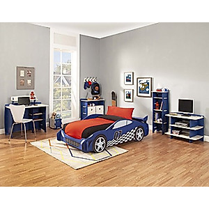 Legaré Furniture Children's Race Car Standard Bed Frame for Kids, Blue and White, Twin Size