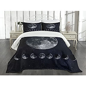 Lunarable Moon Phases Bedspread, Giant Moon on The Starry Night Sky Eclipse Movement Celestial Science, Decorative Quilted 3 Piece Coverlet Set with 2 Pillow Shams, Queen Size, Indigo Black