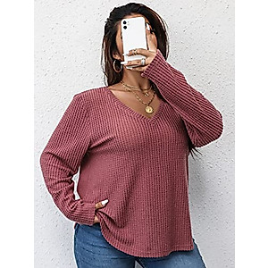 SOLY HUX Women's Plus V Neck Long Sleeve T Shirt Curved Hem Knit Sweater Pullover Tops Solid Pink 3XL