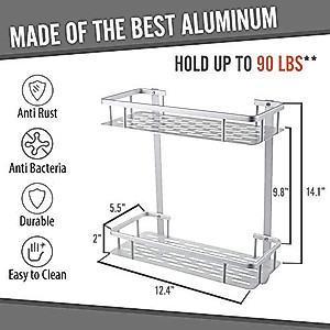 2 Tier Wall Mount Bathroom Shelf Organizer with Hooks, Heavy Duty Shelves for Bathroom Basket Caddy Storage for Bathroom Bedroom Kitchen Toilet Shelves, Shelves Bathroom Installation with Adhesive
