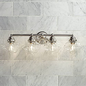 Possini Euro Design Astrid Modern Wall Mount Light Brushed Nickel Silver Metal Hardwired 30 3/4" Wide 4-Light Fixture Schoolhouse Clear Glass for Bathroom Vanity Mirror House Home Room Decor