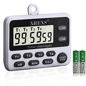XREXS 4 Channels Digital Kitchen Timer Clock, Cooking Timer with Large LCD Display, 4 Groups Simultaneous Timing Countdown Up Pocket Timer, Magnetic Attachable (Battery Included) (396)