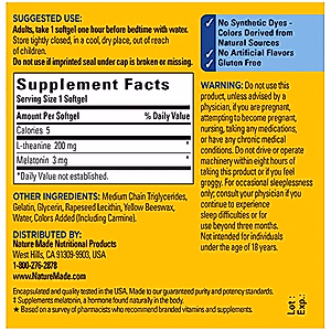 Nature Made Melatonin 3 mg with L-Theanine 200 mg, Dietary Supplement for Restful Sleep, Softgel, 60 Count (Pack of 1) - Packaging May Vary