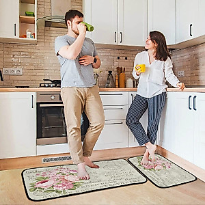 ALAZA Shabby Chic Rose Floral Blossom Non Slip Kitchen Floor Mat Set of 2 Piece Kitchen Rug 47 x 20 inches + 28 x 20 inches for Entryway Hallway Bathroom