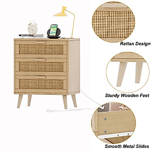 Rovaurx Rattan Nightstand with Charging Station, Night Stand with 3 Drawers, 23.6" W Bedside End Table for Bedroom, Side Table with Solid Wood Legs, Boho Style, Natural RCTG110ME