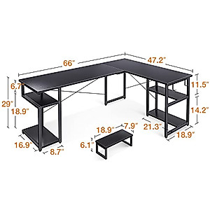 ODK 66" L Shaped Desk Computer Desk with Storage Shelves & PC Stand, Gaming Desk with Monitor Stand, Home Office Writing Desk, Modern Larger Wooden Desk, Black