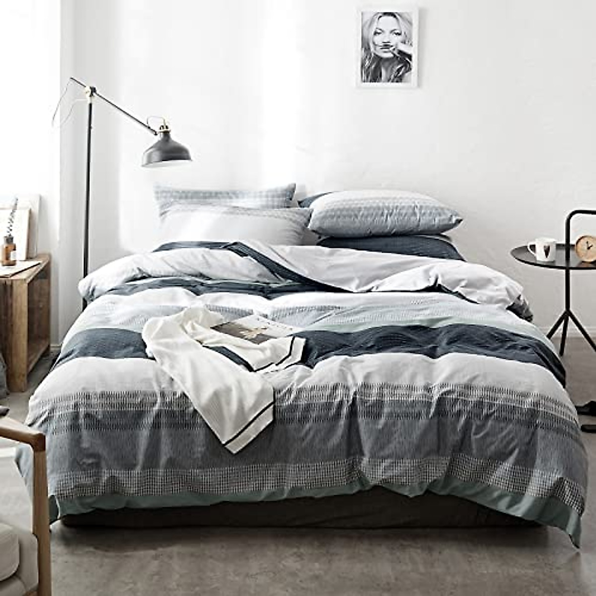 VClife Cotton Twin Duvet Cover White Grey Blue Stripe Comforter Quilt & Pillow Protector Cover Sets Simple Style Geometry Bedding Sets, 1 Twin Size Duvet Cover 68" x 86" & 2 Pillow Shams 20" x26"