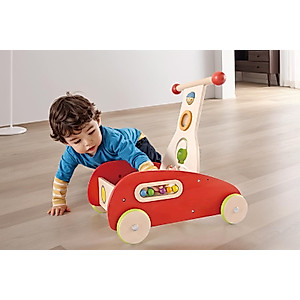 Hape Wonder Walker Push and Pull Toy | Award Winning Wooden Toddler Walking Activity Center, Rolling Baby Walker Toy, Red/Natural