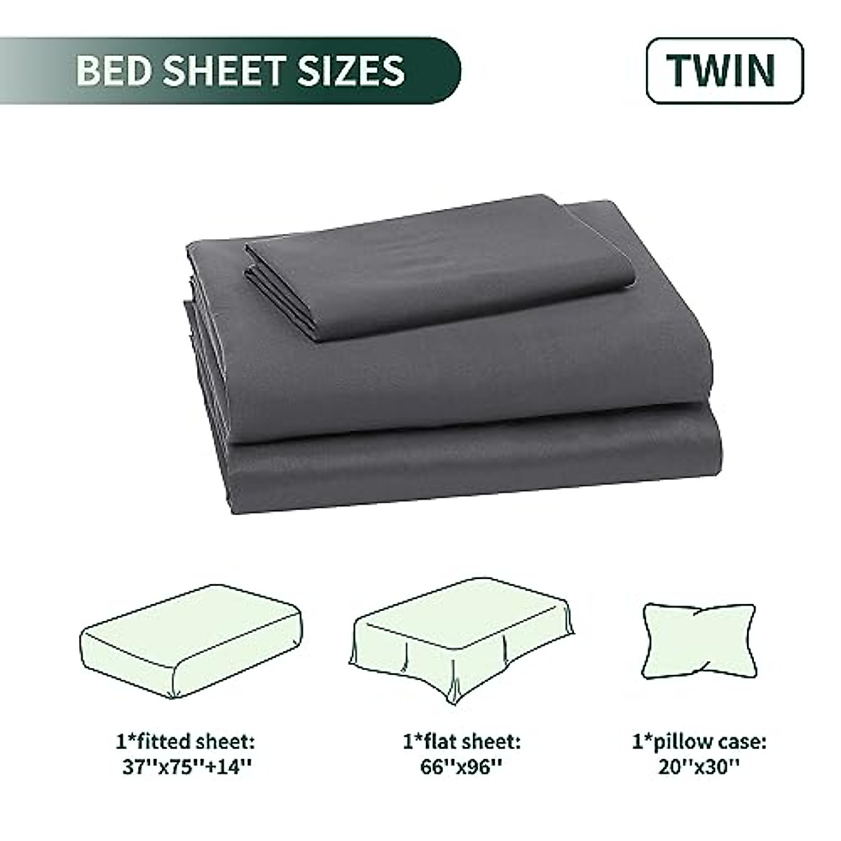 CHUN YI Bed Sheets Twin Size, 3 Piece Sheet Set, Fitted Sheet and Pillowcase Set, Twin Sheets Deep Pocket, Super Soft Breathable Cooling Sheets Hotel Luxury Sheets Easy Care (Grey)