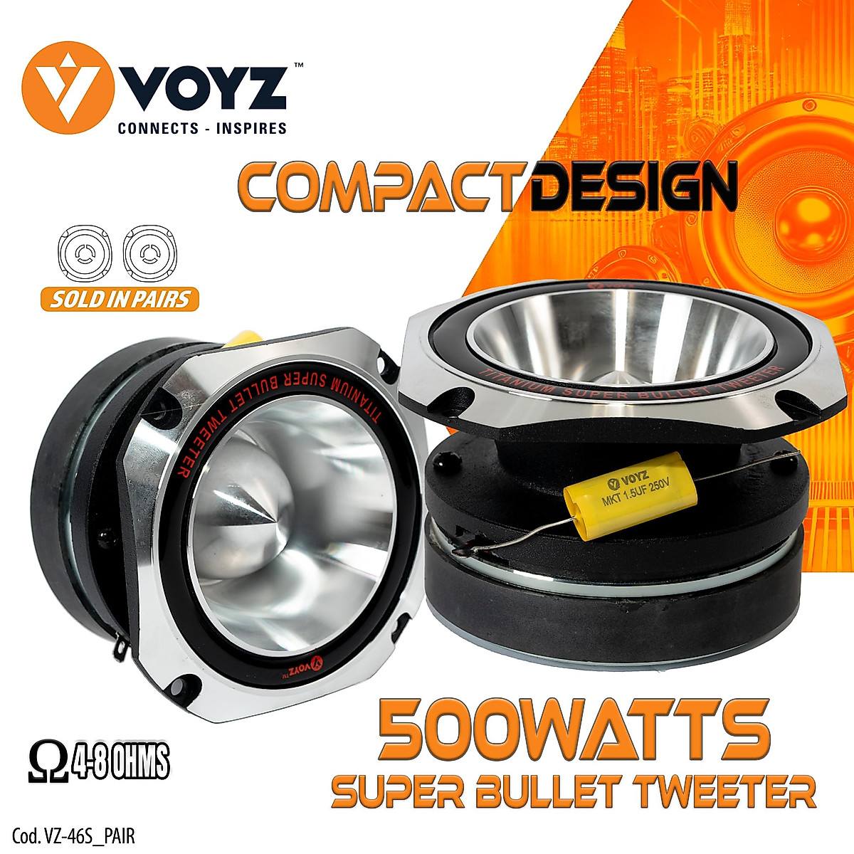 VOYZ Super Tweeter Speaker Titanium Diaphragm 4-8 ohms 500 Watt Super Tweeter 4” Super Horn Heavy Duty Chrome Finish with Crossover Capacitor (1 Pair)