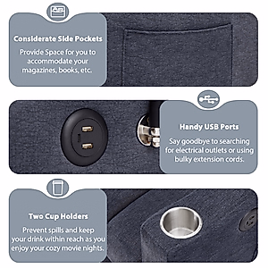 Merax Pull-Out Sofa Bed with Adjustable Backrest and Two Pillows, 3 in 1 Convertible Sleeper Couch & USB Ports, Side Pockets, Cup Holders, 360°Swivel Phone Holder for Living Room, 55.9", Blue Grey