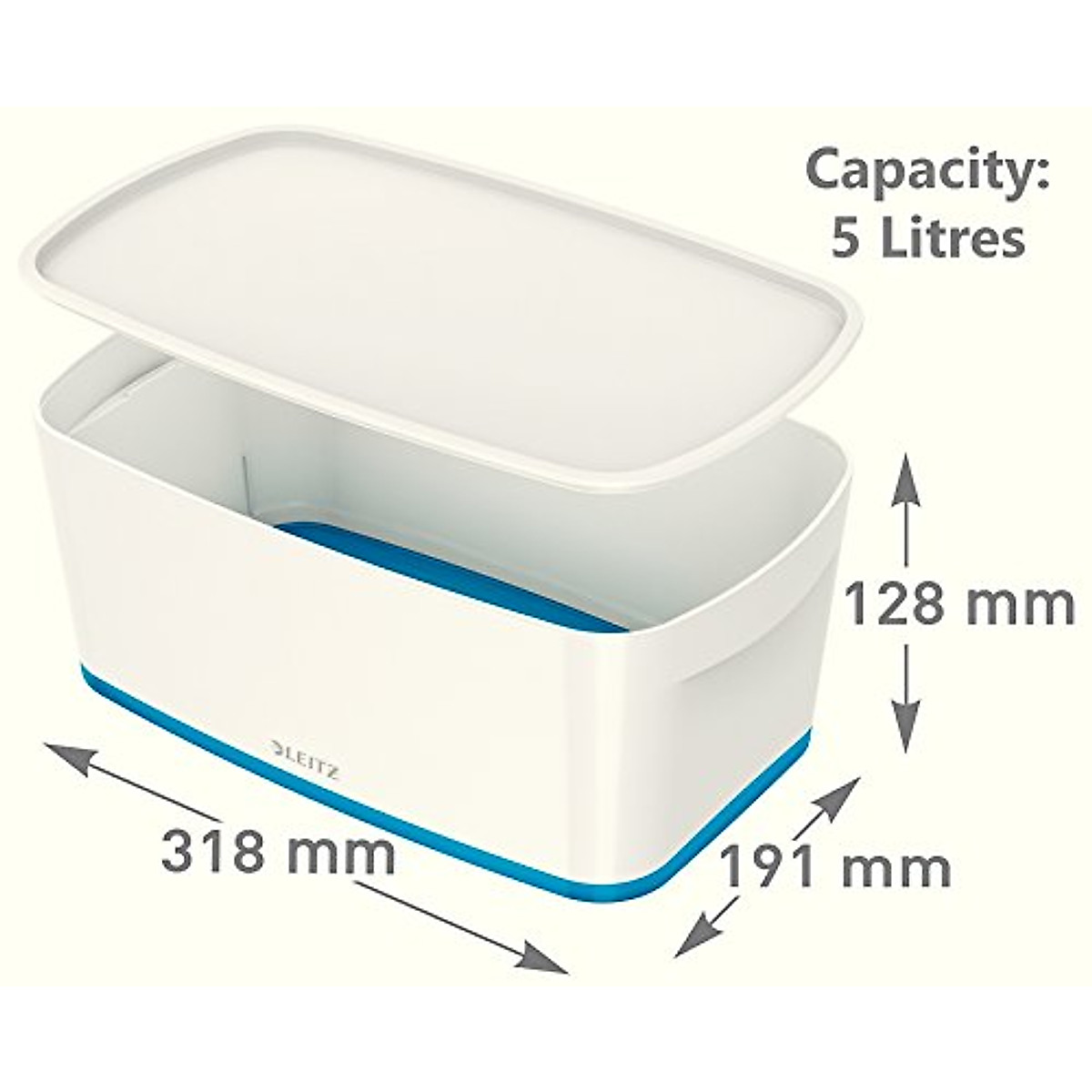 Leitz Small MyBox with Lid, Storage Box for Home and Office, High Gloss Plastic, 5 Litre, A5, White/Blue Metallic