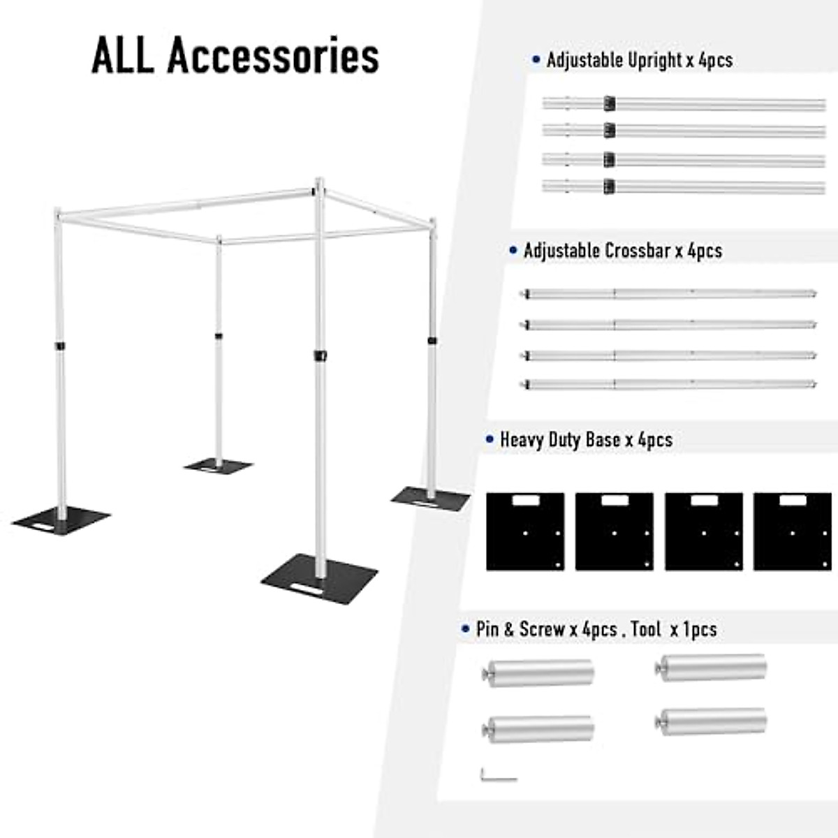 Hecis Portable Backdrop Stand with Crossbar, Adjustable Pipe and Drape Backdrop Kit for Event， Party, Trade Shows and Wedding Decor, 10FT Square Backdrop Frame