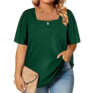 Eytino Womens Plus Size Tshirts Summer Square Neck Puff Sleeve Loose Casual Blouse Tops,2X Green