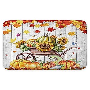 Pumpkin Sunflower Butterfly Fall Bath Mat Rugs, Maple Leaf Thanksgiving Harvest Autumn Shower Rug,Non Slip Flannel Pumpkins Vegetable Farmhouse Floor Mats 16X24Inch